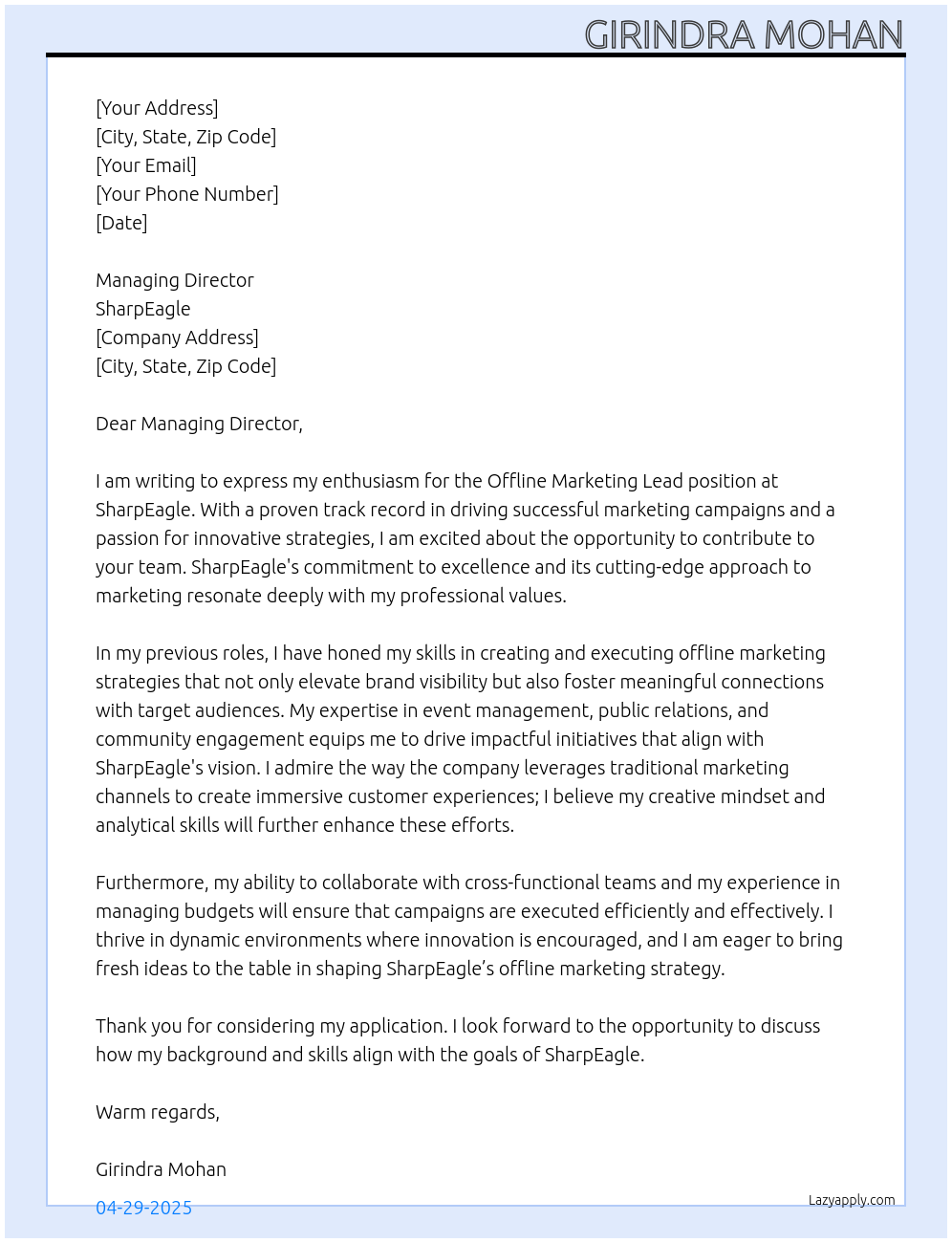 Cover letter for offline marketing lead - LazyApply