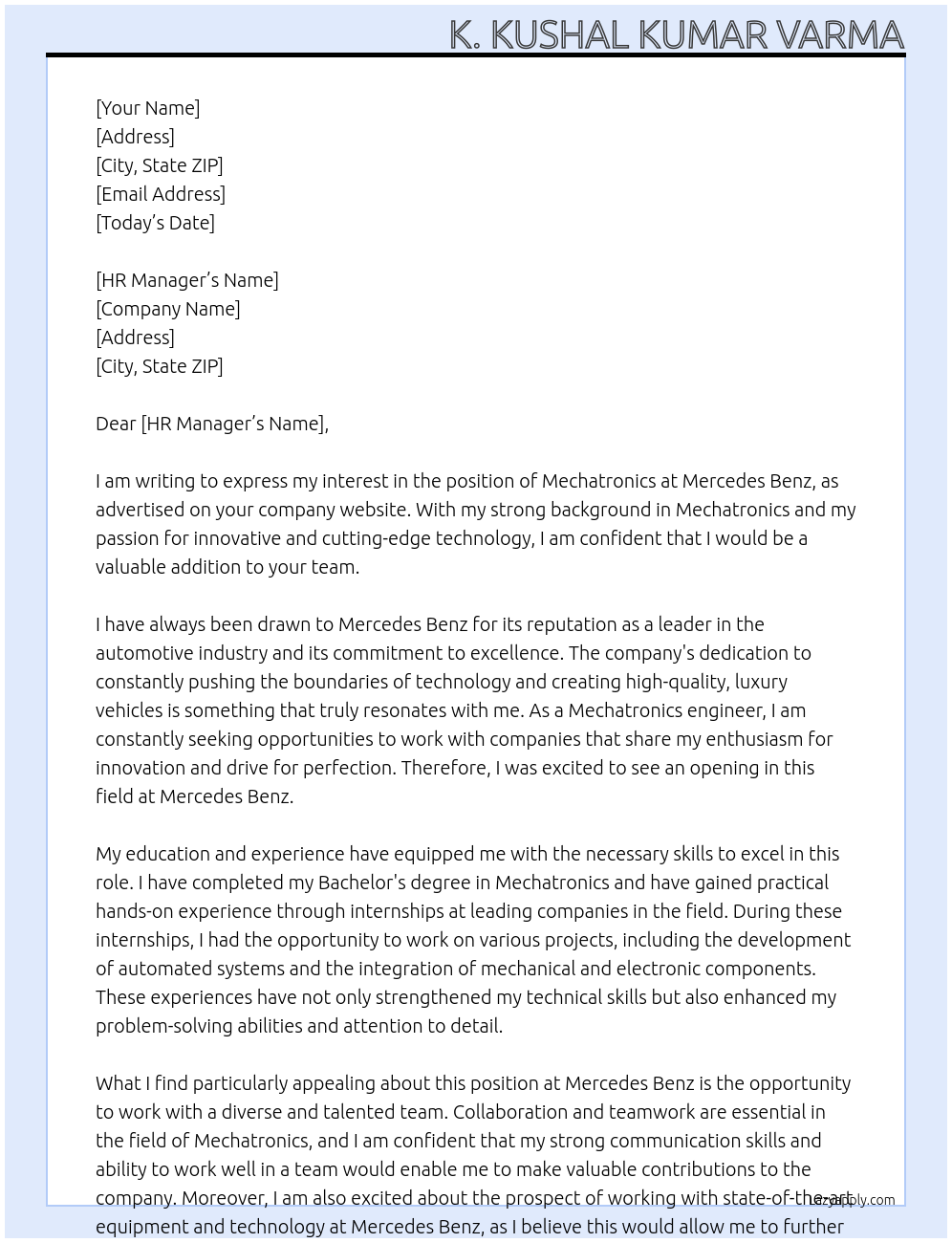 Cover letter for mechatronics - LazyApply