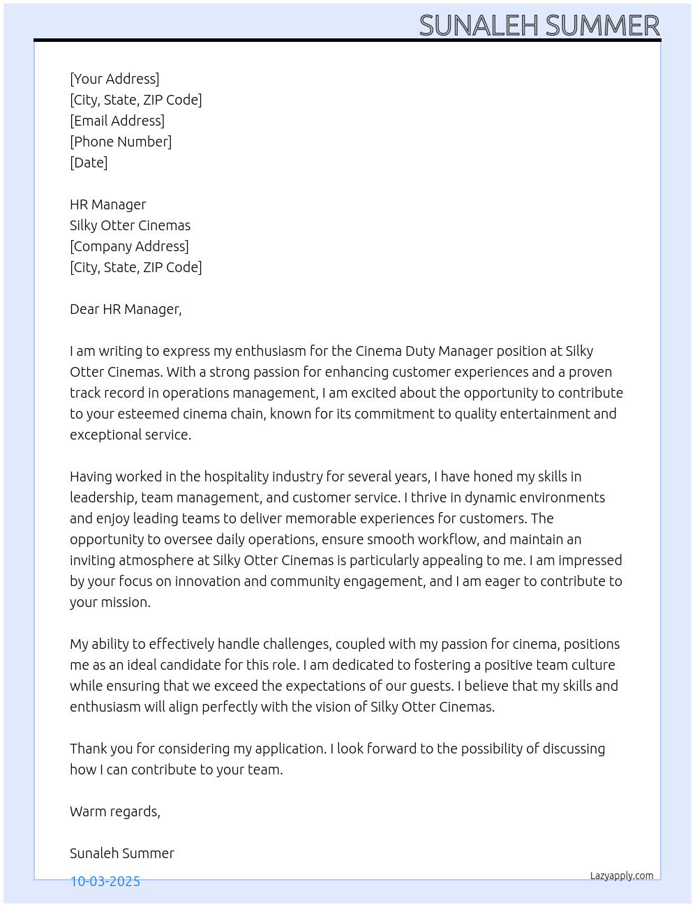 Cover letter for cinema duty manager - LazyApply