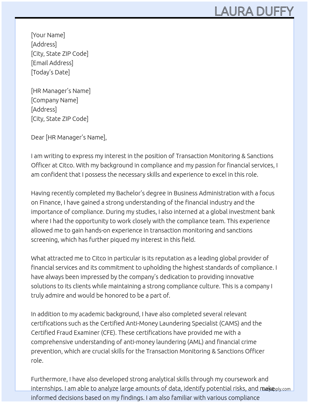 Cover letter for transaction monitoring & sanctions officer - LazyApply