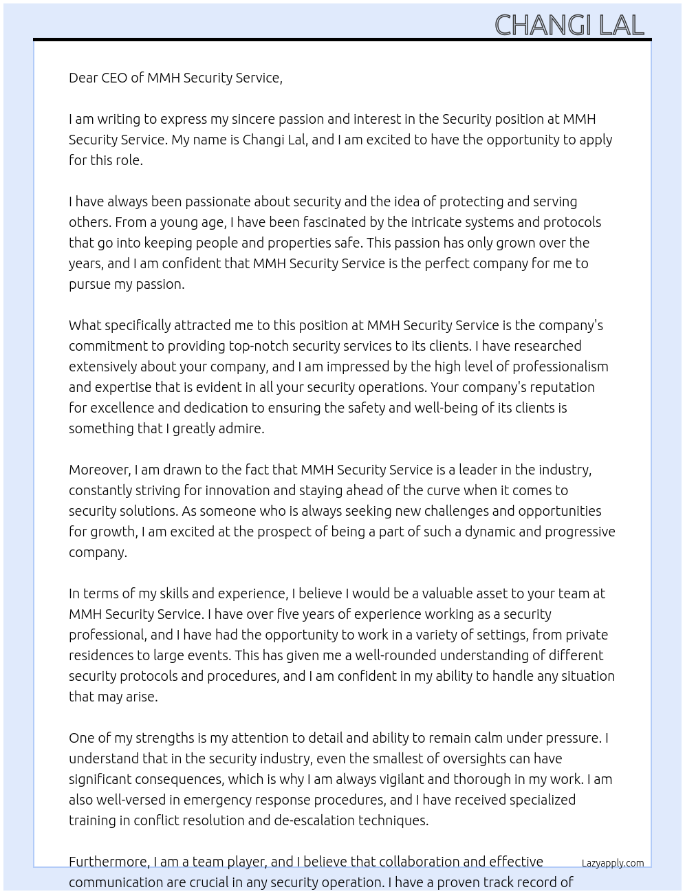 Cover letter for security - LazyApply