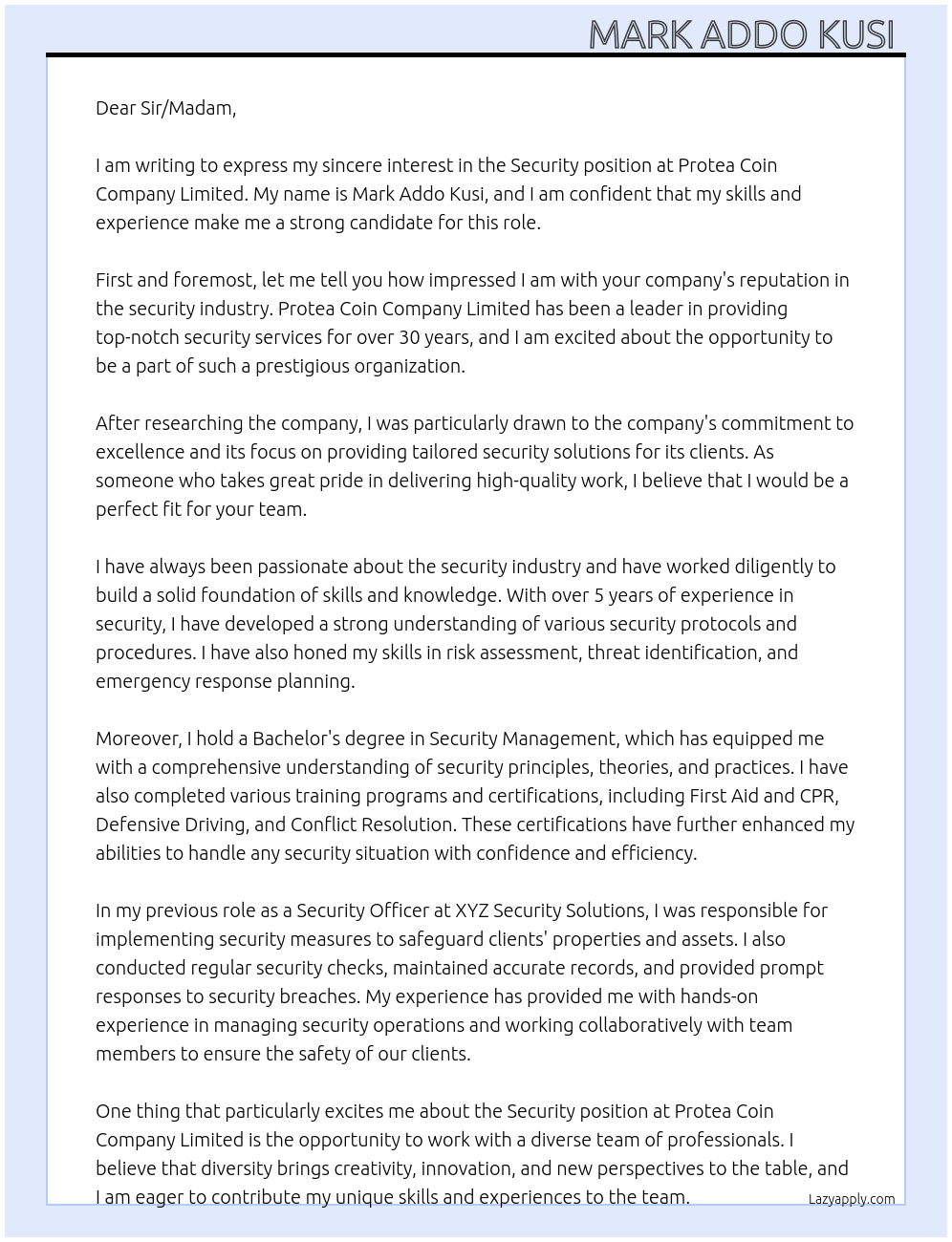 Cover letter for security - LazyApply