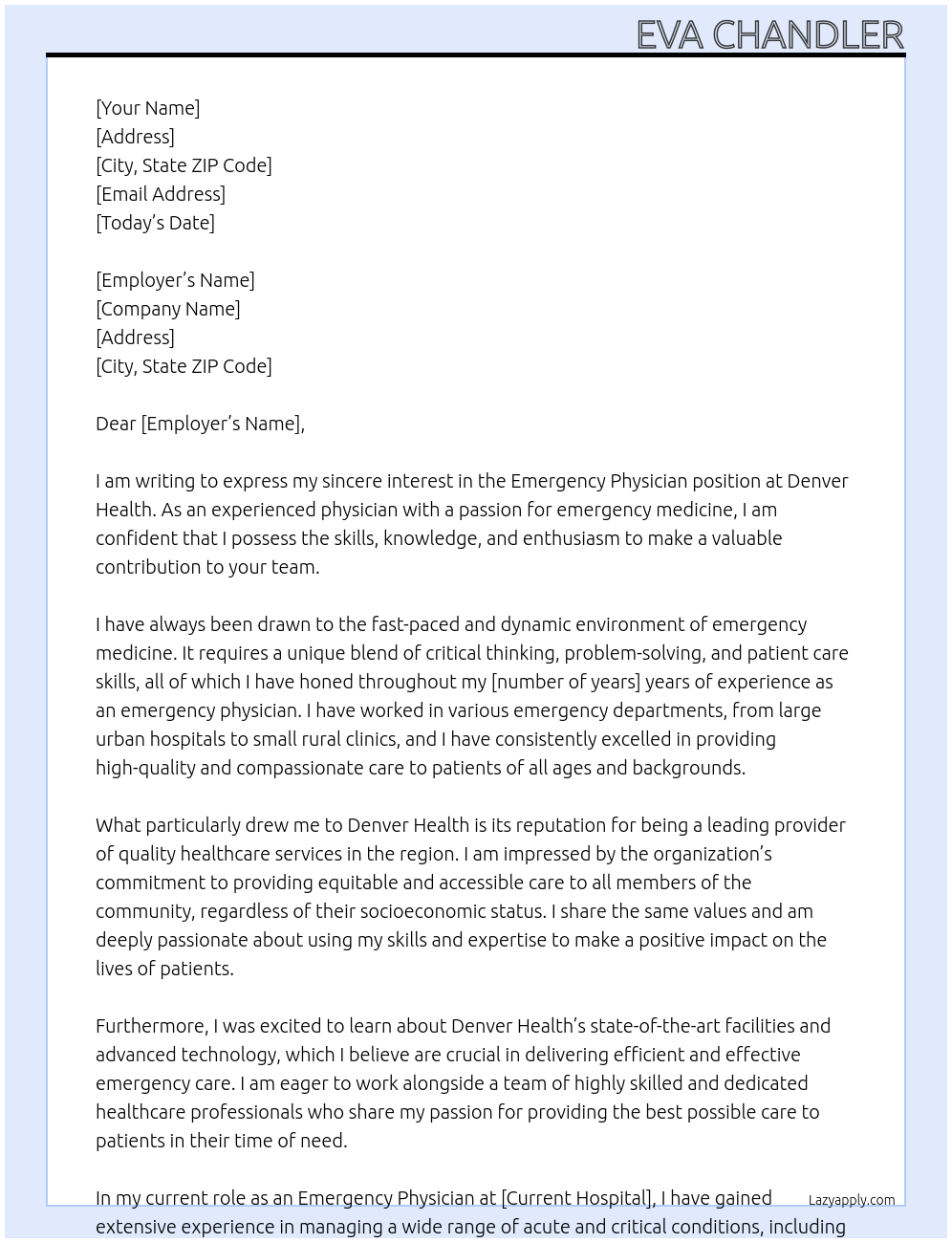 Cover letter for emergency physician - LazyApply