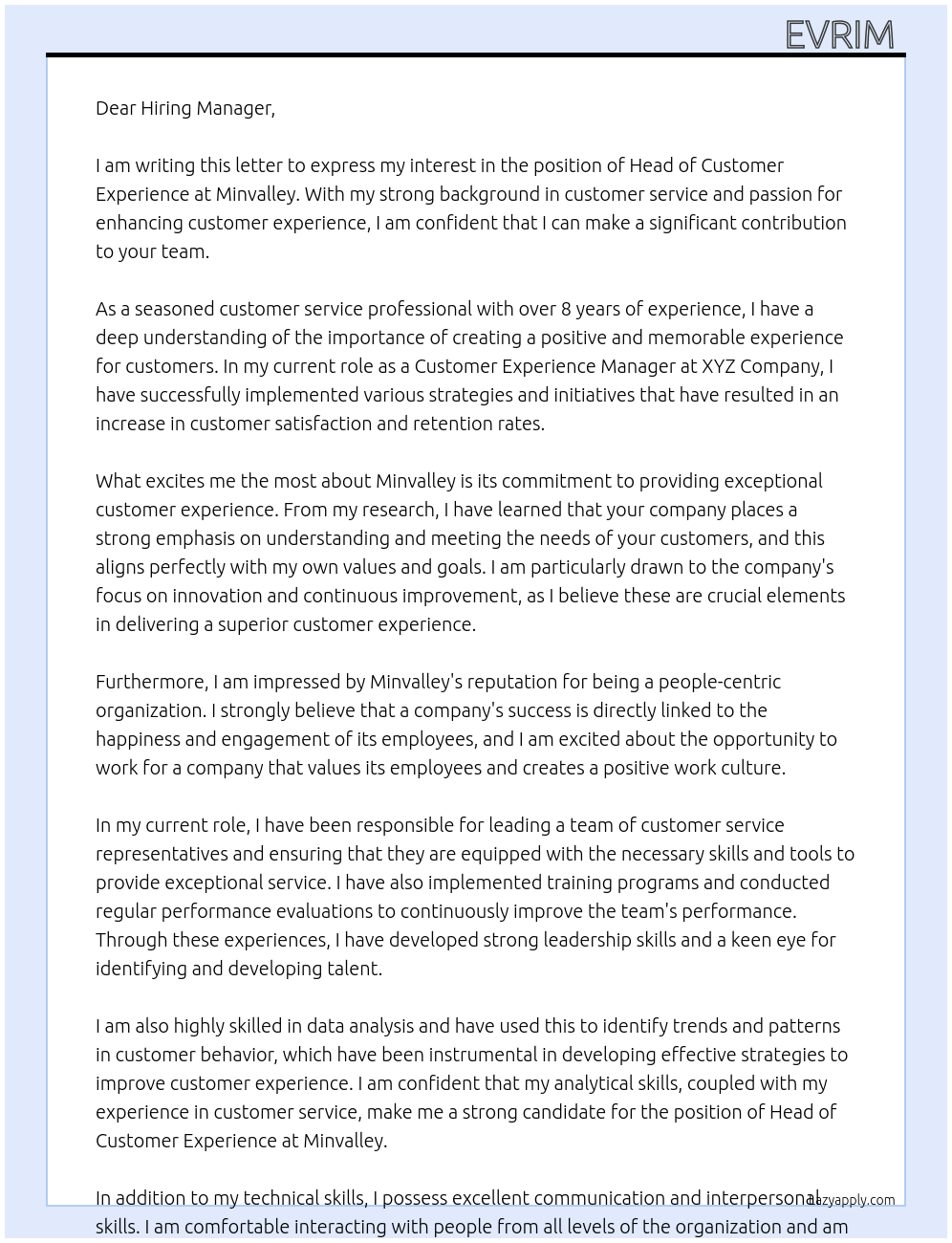 Cover letter for head of customer experience - LazyApply