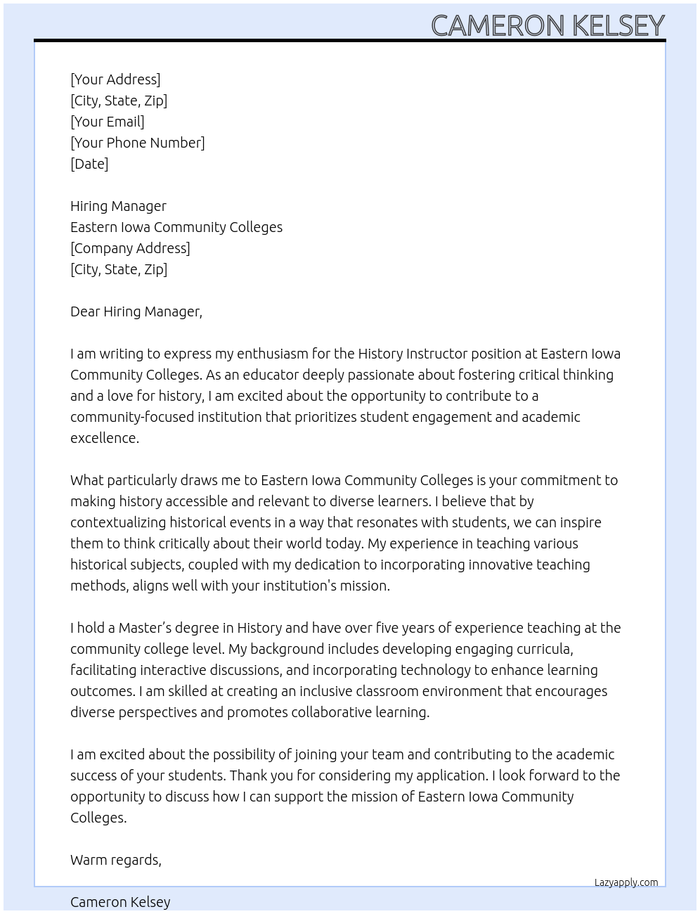 Cover letter for history instructor - LazyApply