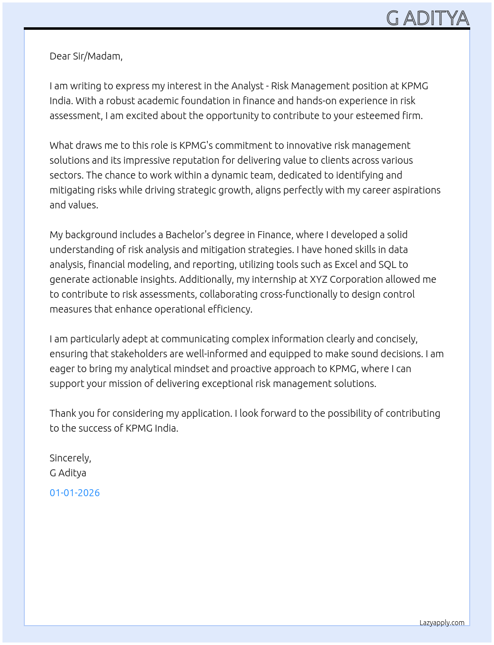 Cover letter for analyst -risk managment - LazyApply