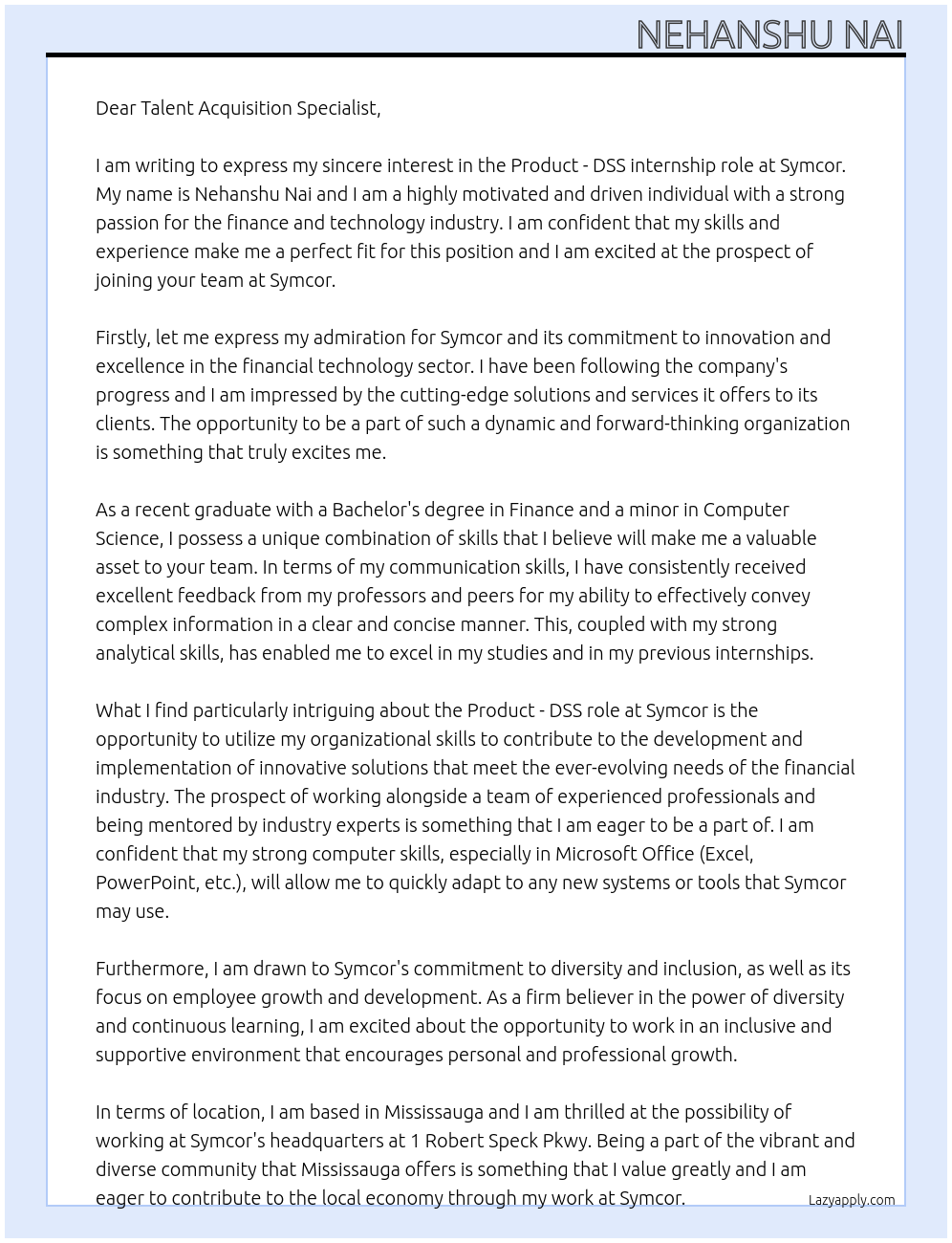 Cover letter for product - dss - LazyApply