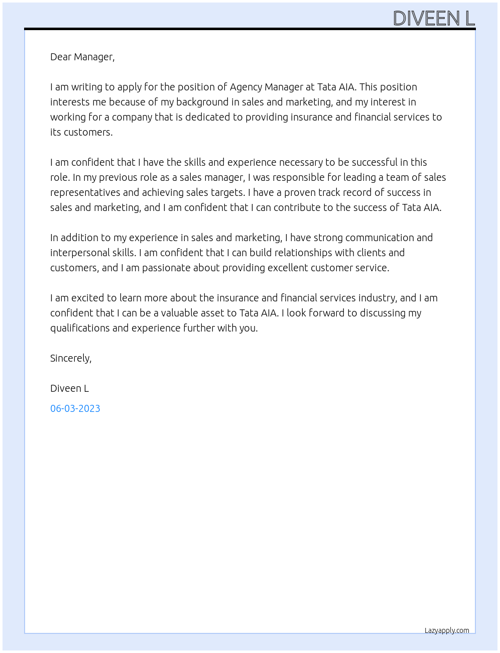 Cover letter for Tata AIA - LazyApply