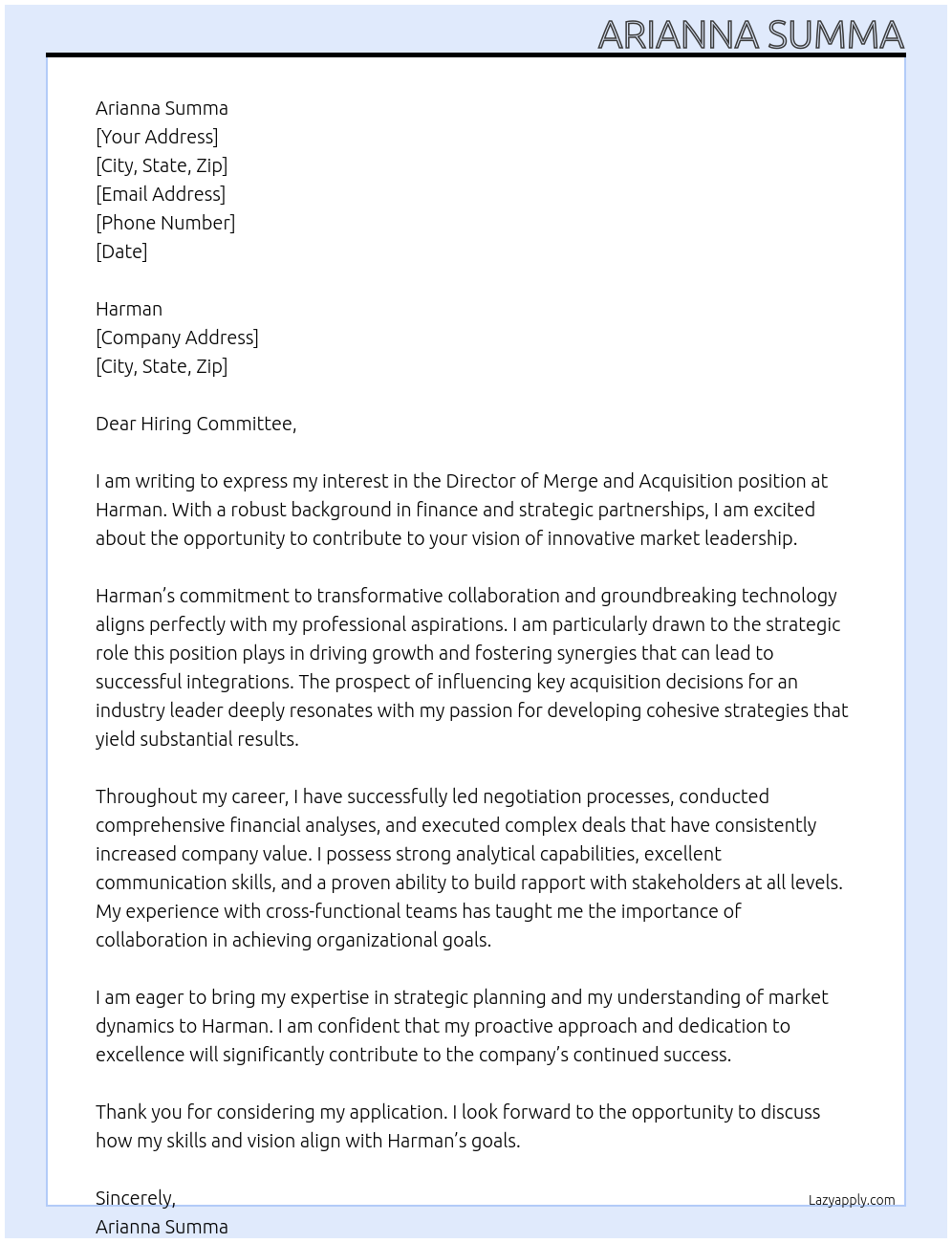 Cover letter for director, merge and acquisition - LazyApply