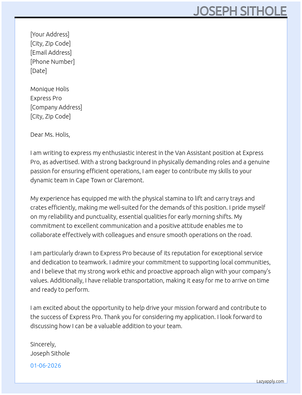 Cover letter for van assistant - LazyApply