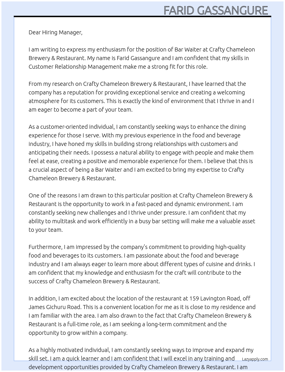 Cover letter for bar waiter - LazyApply