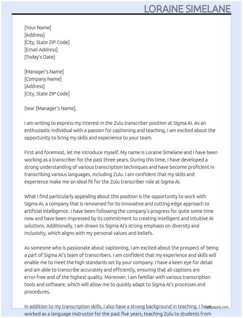 Cover letter for zulu transcriber - LazyApply