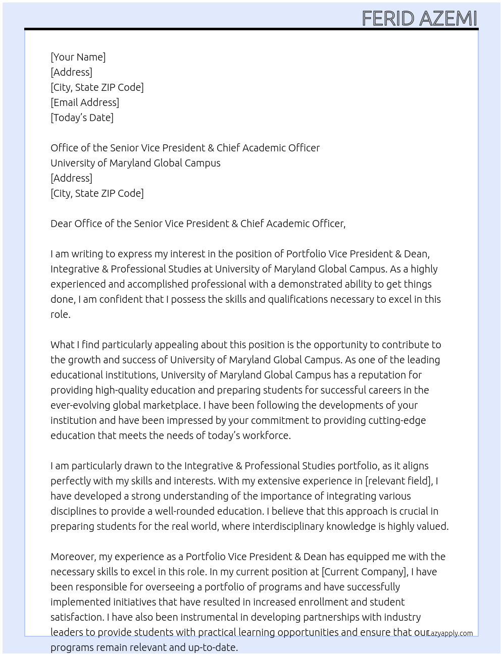 Cover letter for portfolio vice president & dean, integrative ...