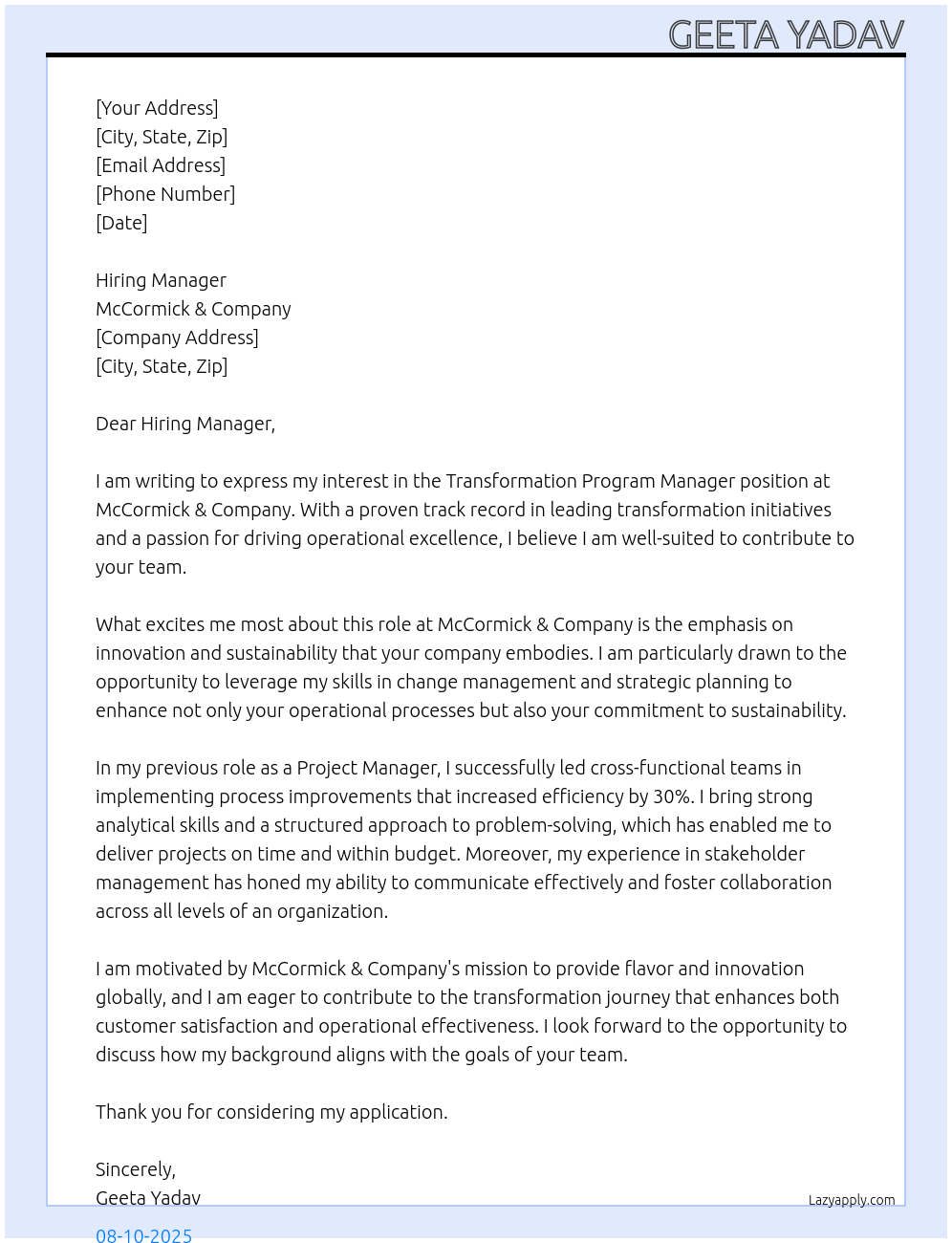 Cover letter for transformation program manager - LazyApply