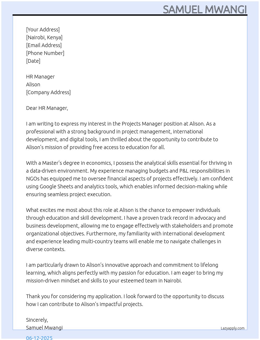 Cover letter for projects manager - LazyApply