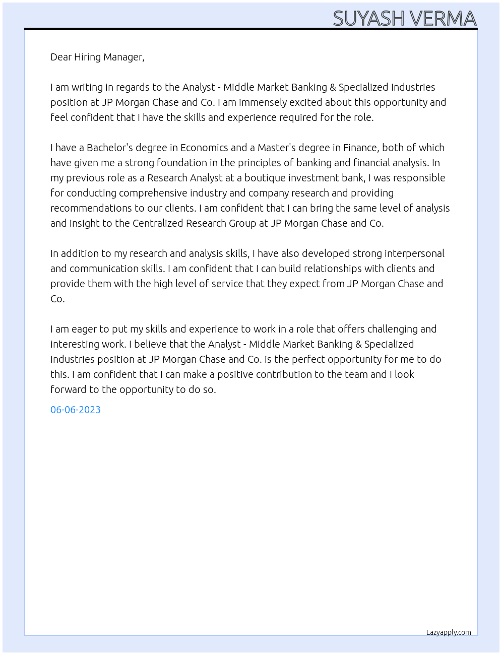 Cover letter for jp morgan chase and co - LazyApply