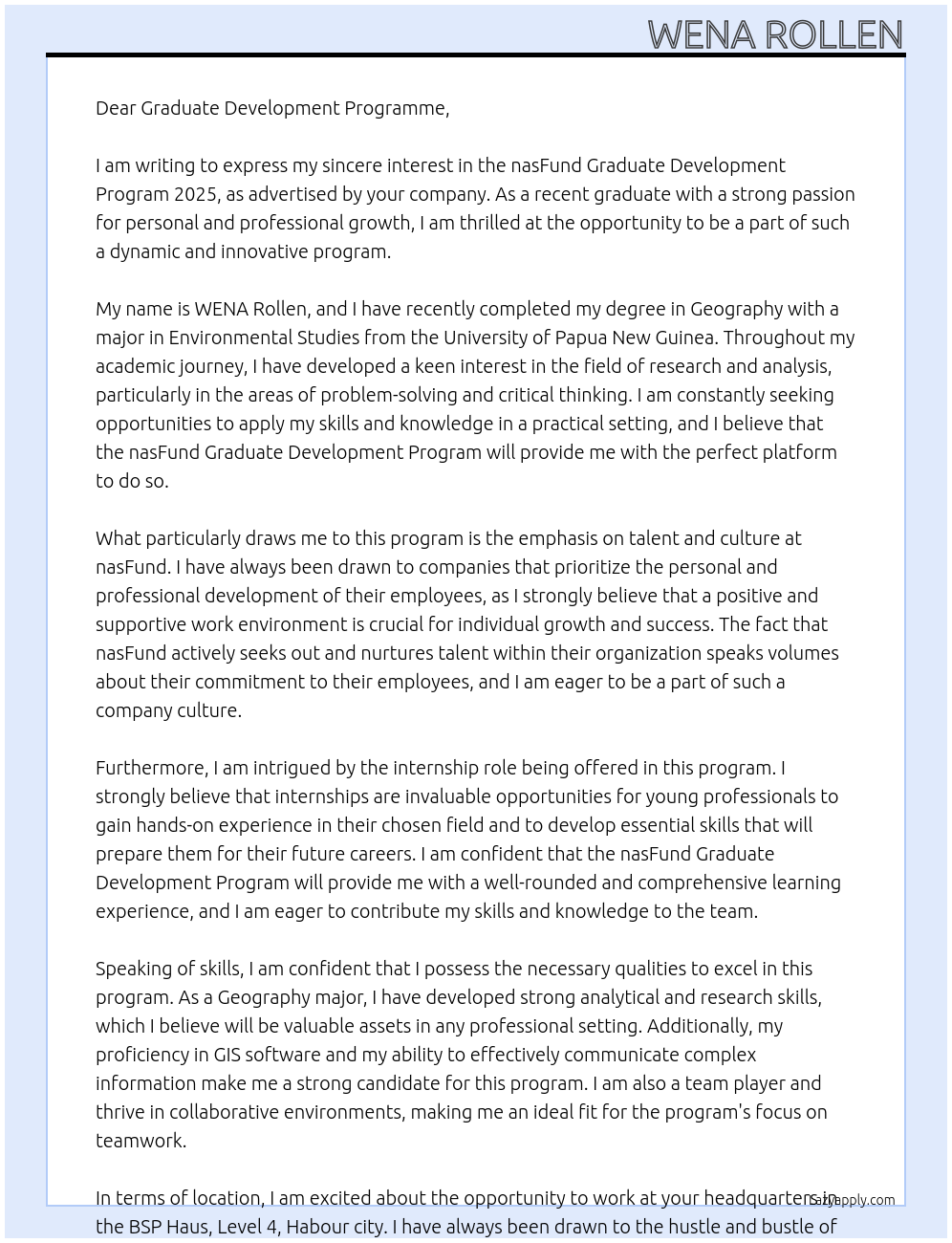 Cover letter for nasfund graduate development program 2025 - LazyApply