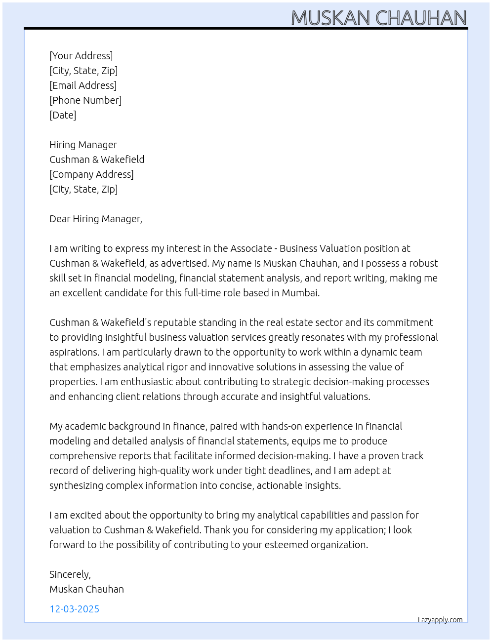 Cover letter for associate - business valuation - LazyApply