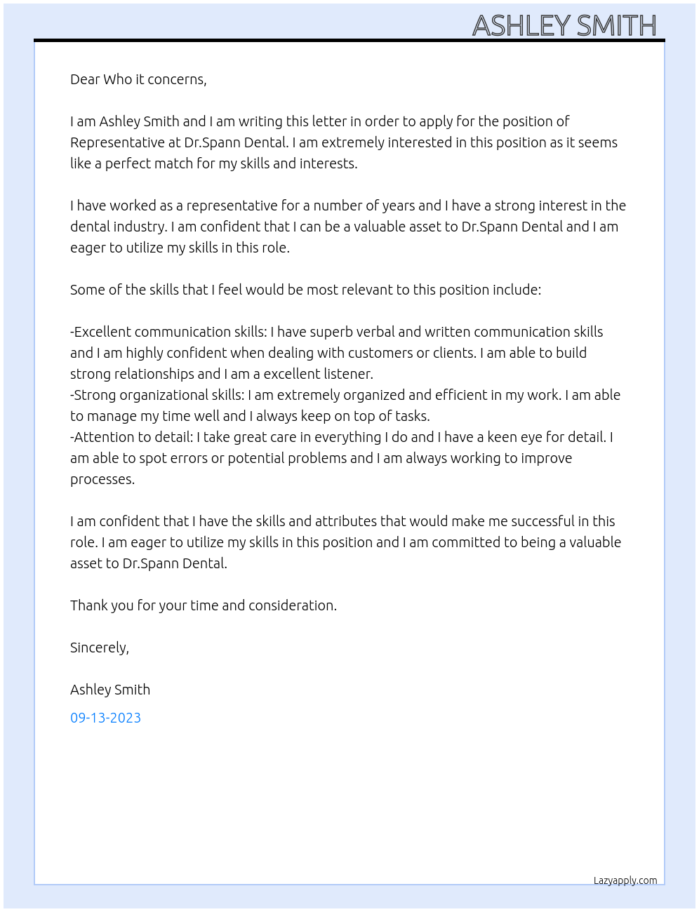 Cover letter for representative - LazyApply