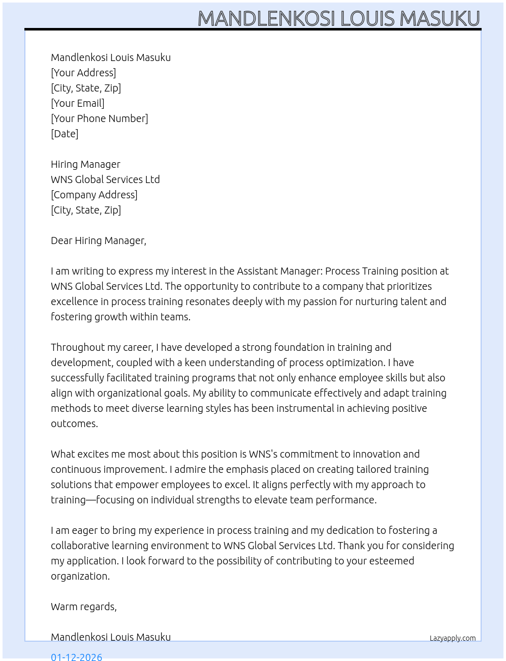 Cover letter for assistant manager: process training - LazyApply