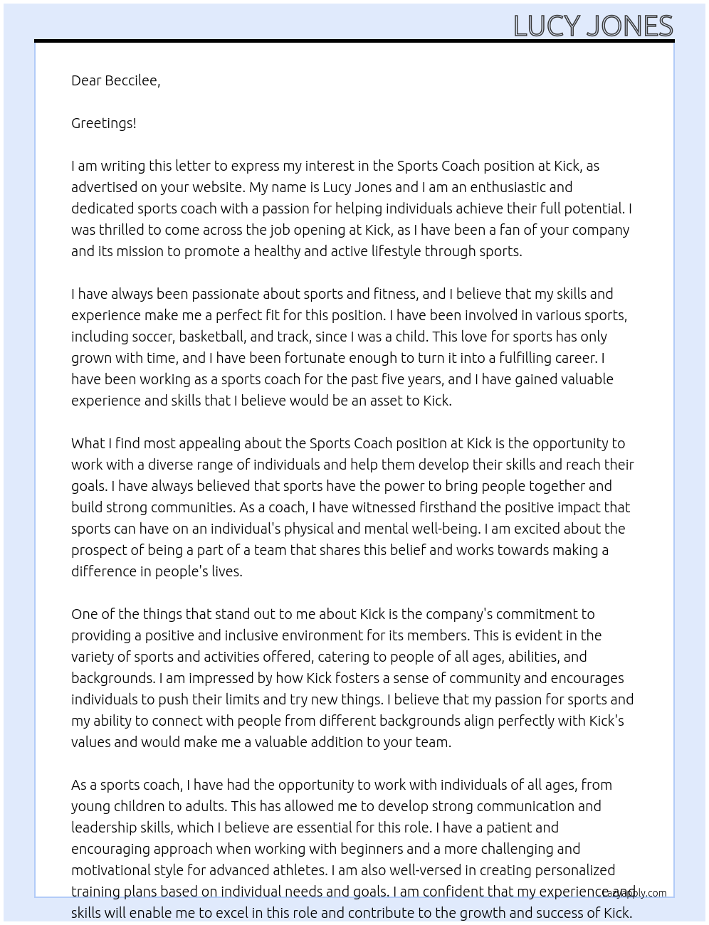 Cover letter for sports coach - LazyApply