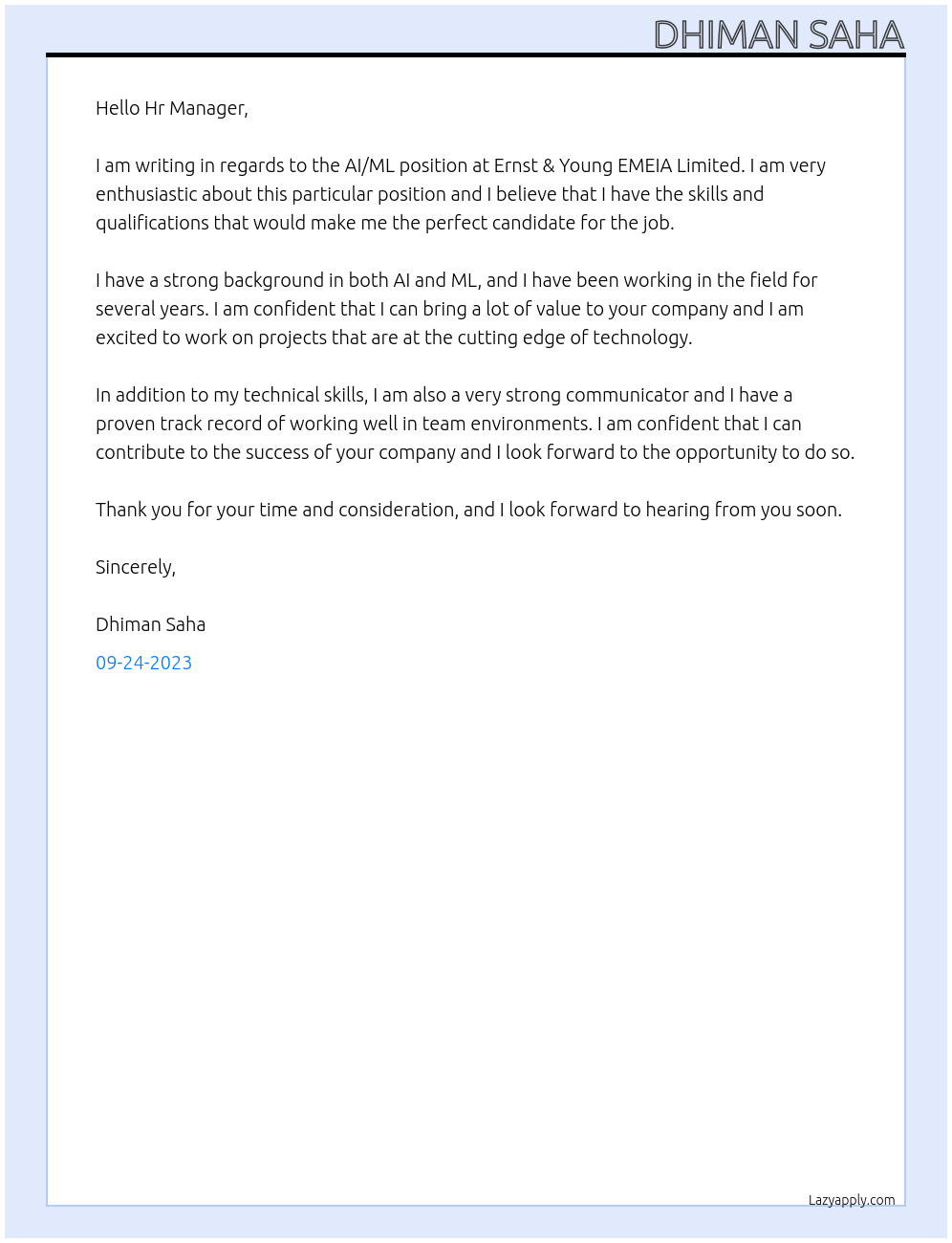 Cover letter for ai&ml - LazyApply