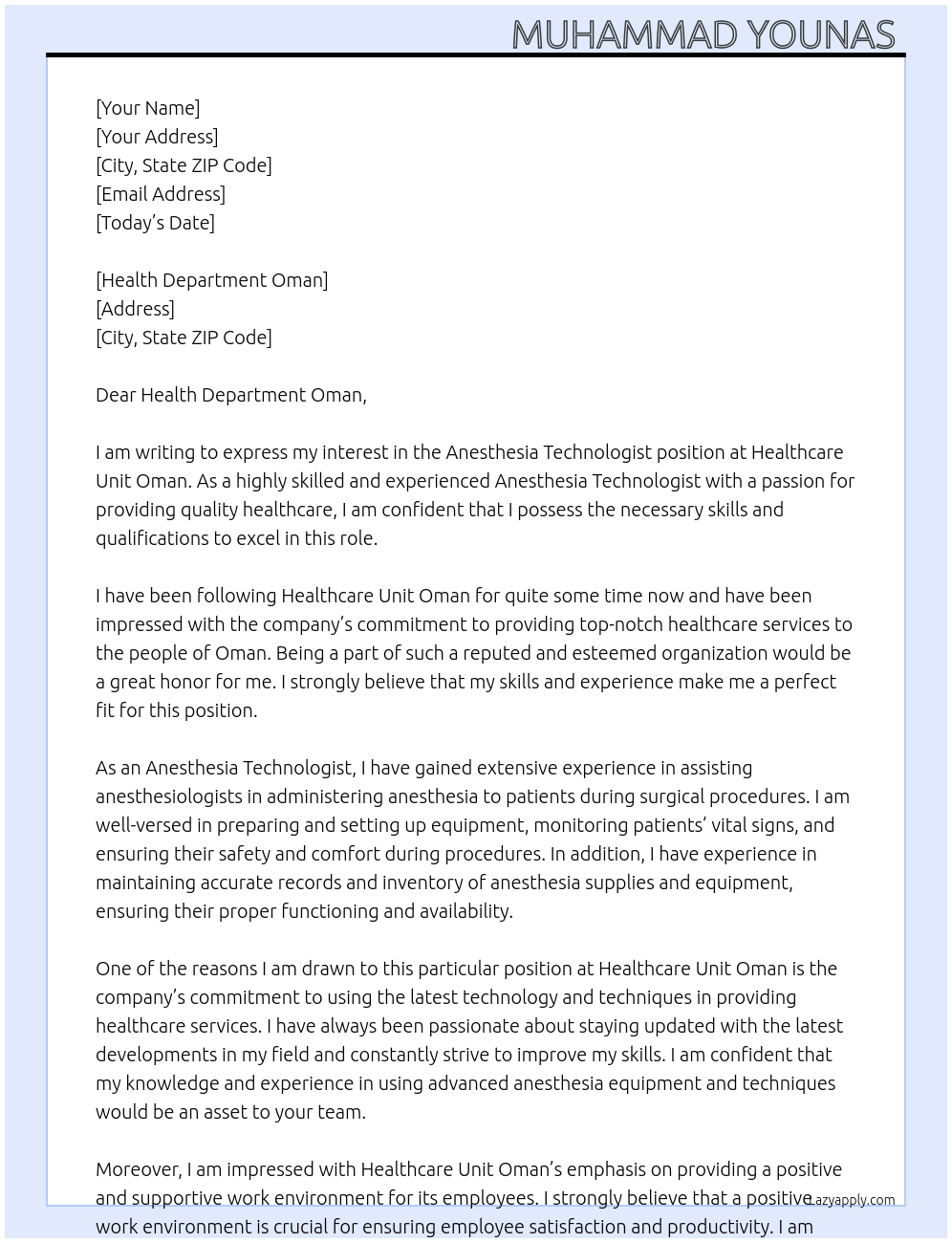 Cover letter for anesthesia technologist - LazyApply