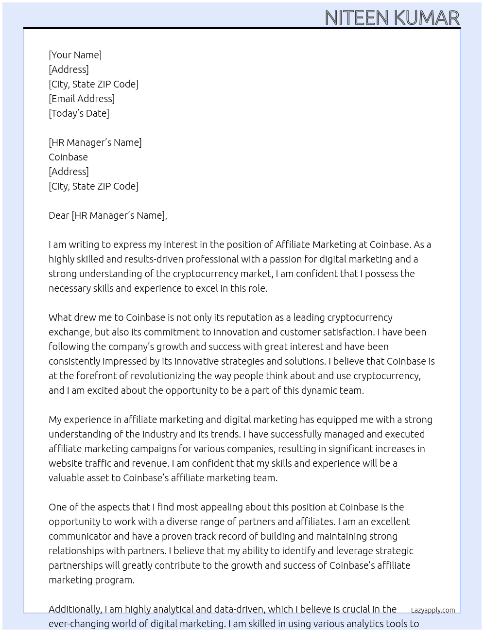 Cover letter for affiliate marketing - LazyApply