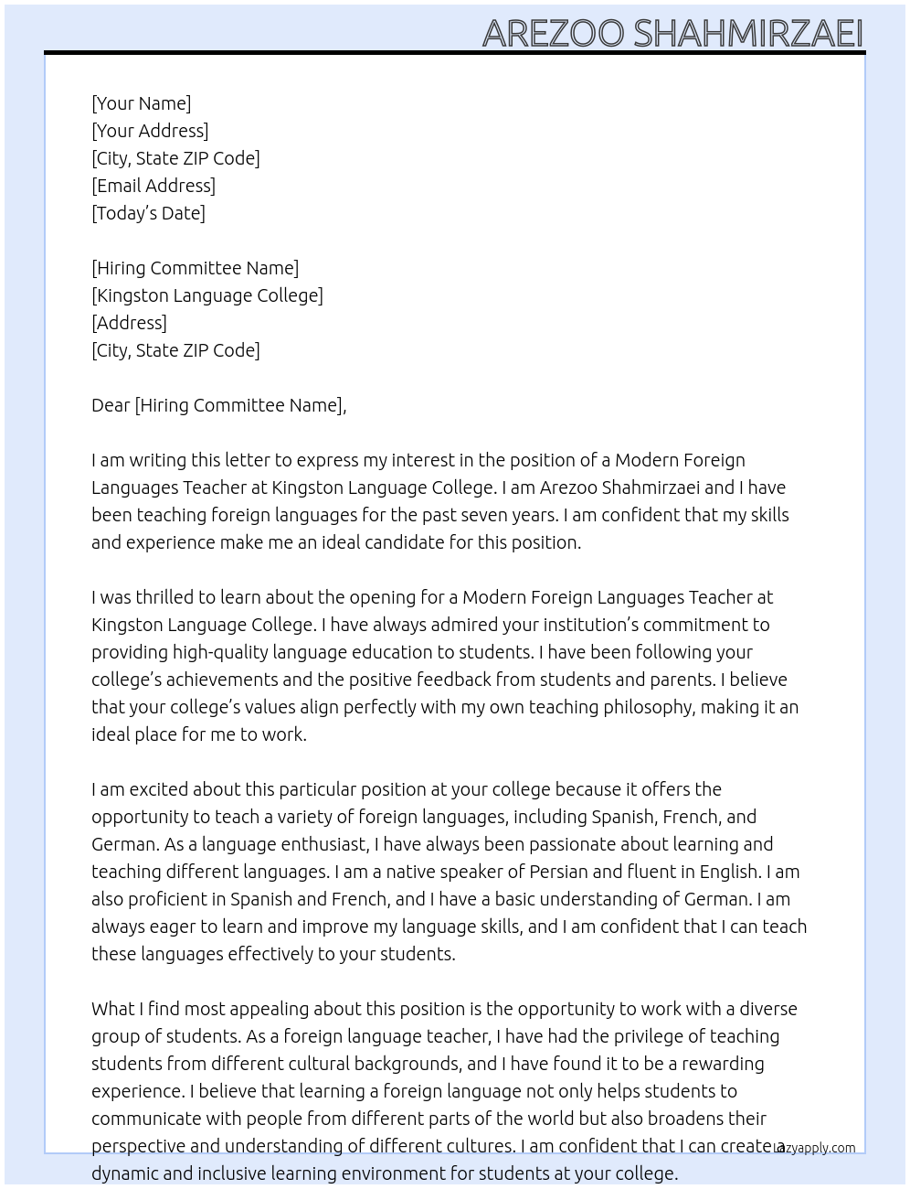 Cover letter for modern foreign languages teacher - LazyApply