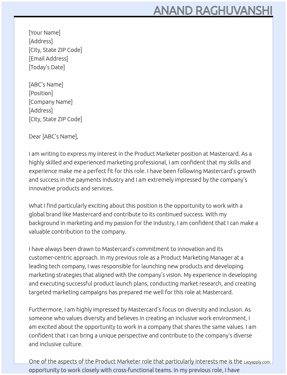 Cover letter for product marketer - LazyApply