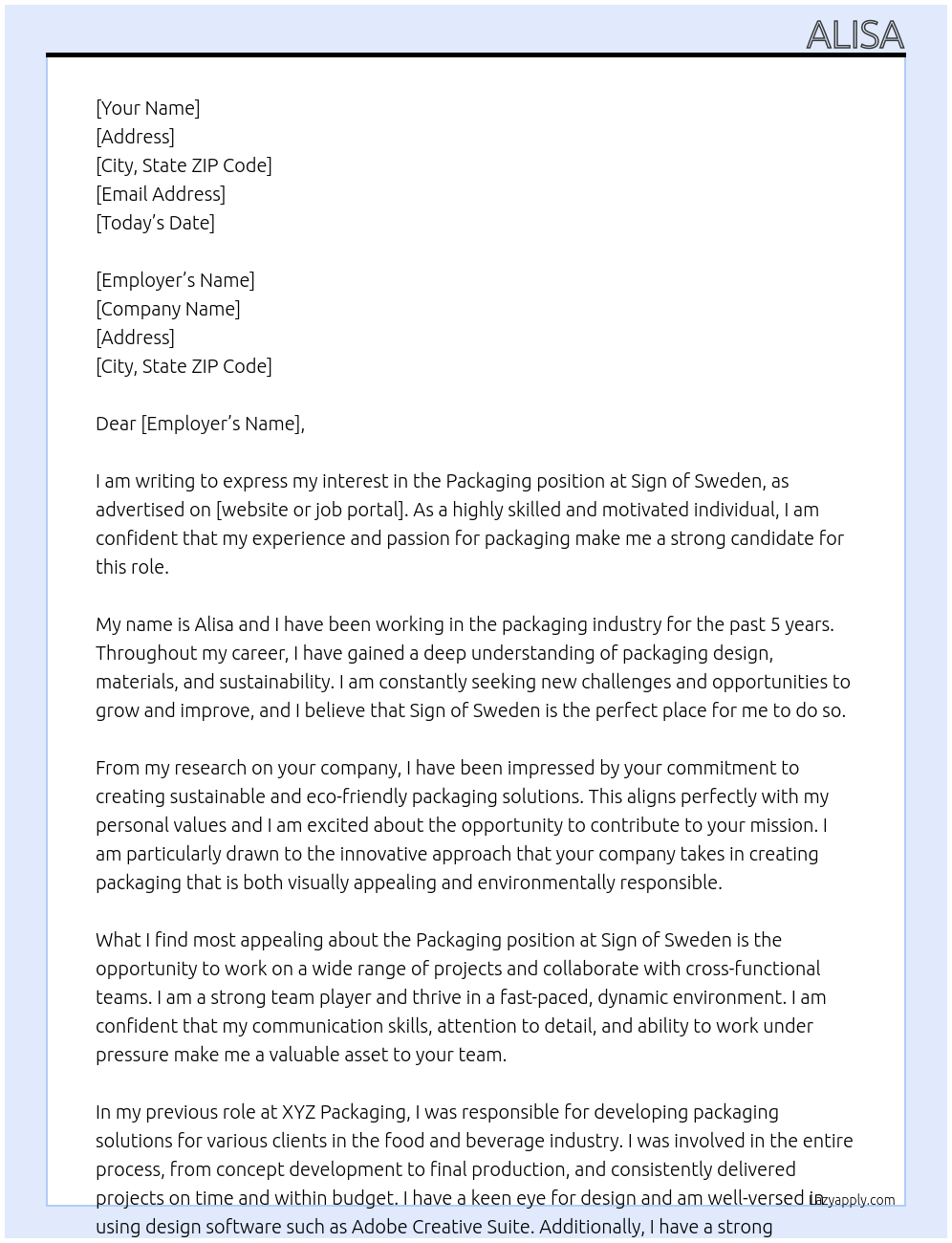 Cover letter for packaging - LazyApply