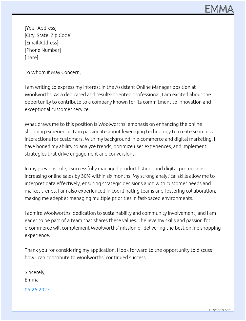 Cover letter for assistant online manager - LazyApply