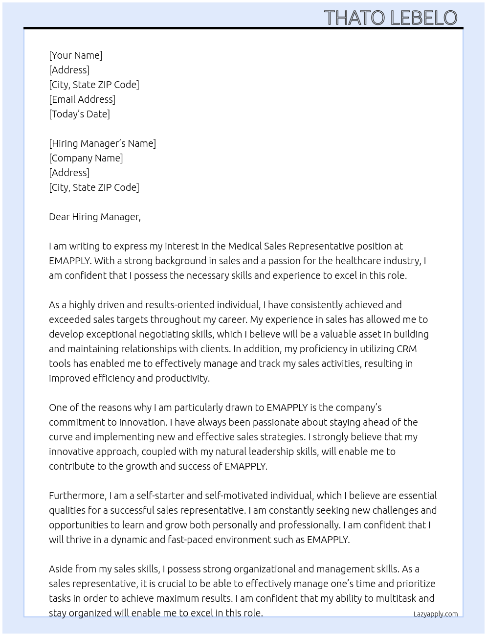 Cover letter for medical sales representative - LazyApply