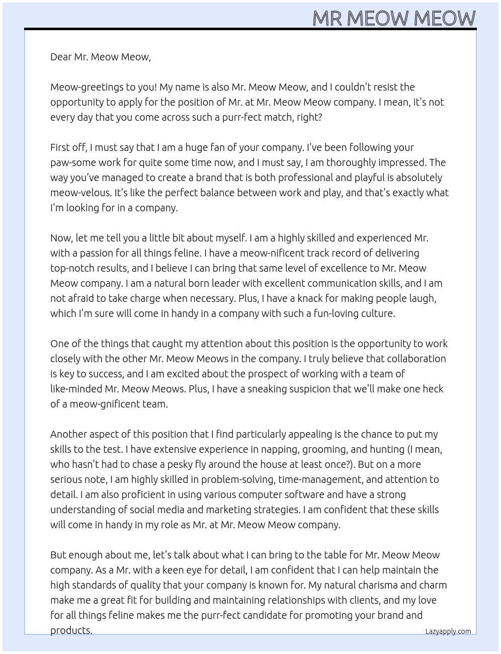 Cover letter for mr - LazyApply