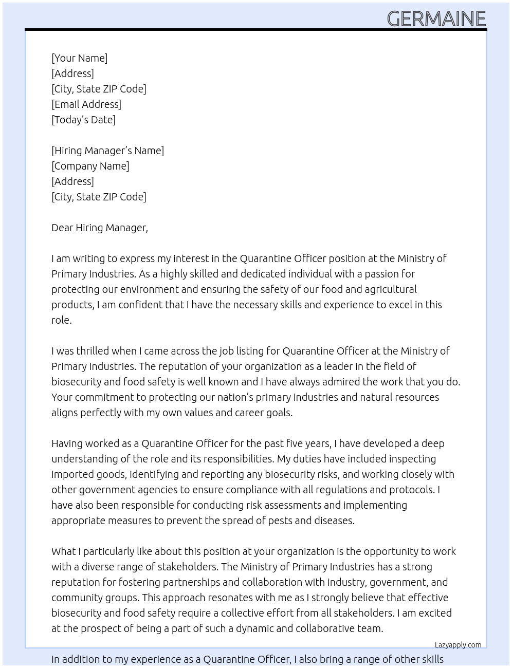 Cover letter for quarantine office - LazyApply