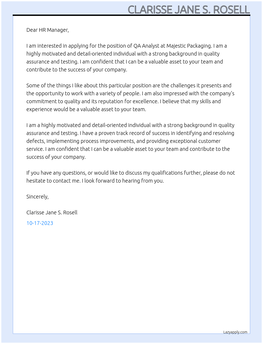 Cover letter for qa analyst - LazyApply