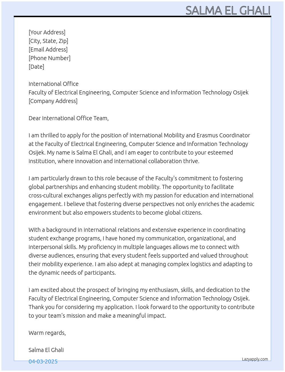 Cover letter for international mobility and erasmus coordonator - LazyApply