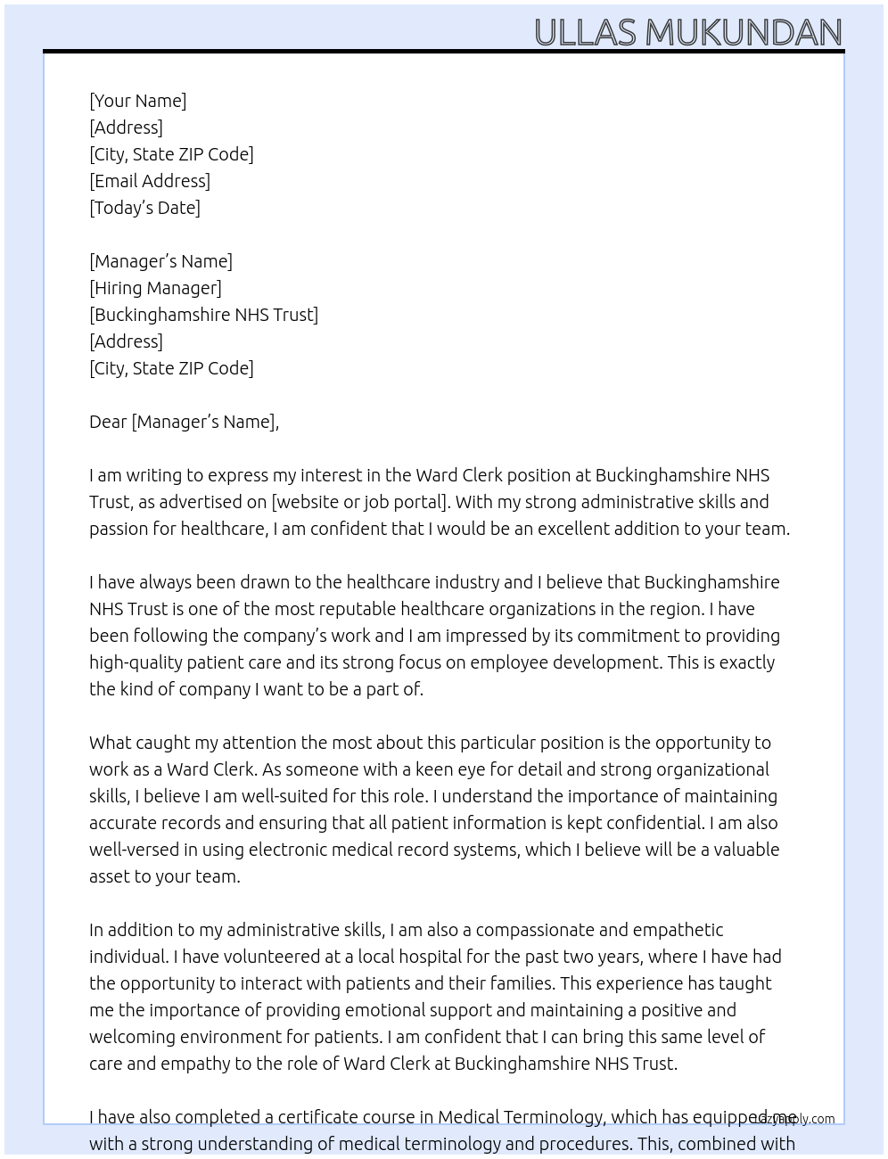Cover letter for ward clerk - LazyApply