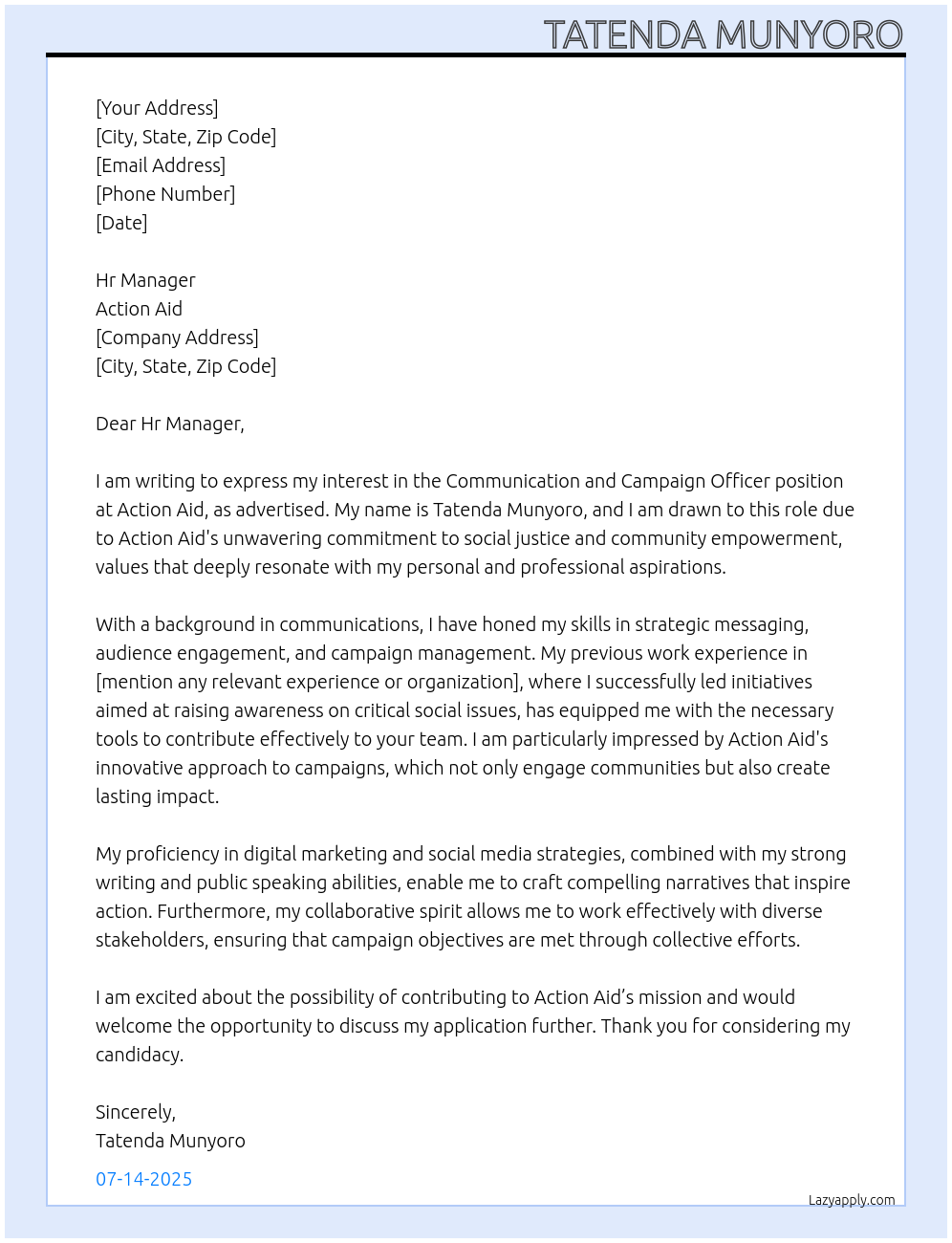 Cover letter for communication and campaign officer - LazyApply