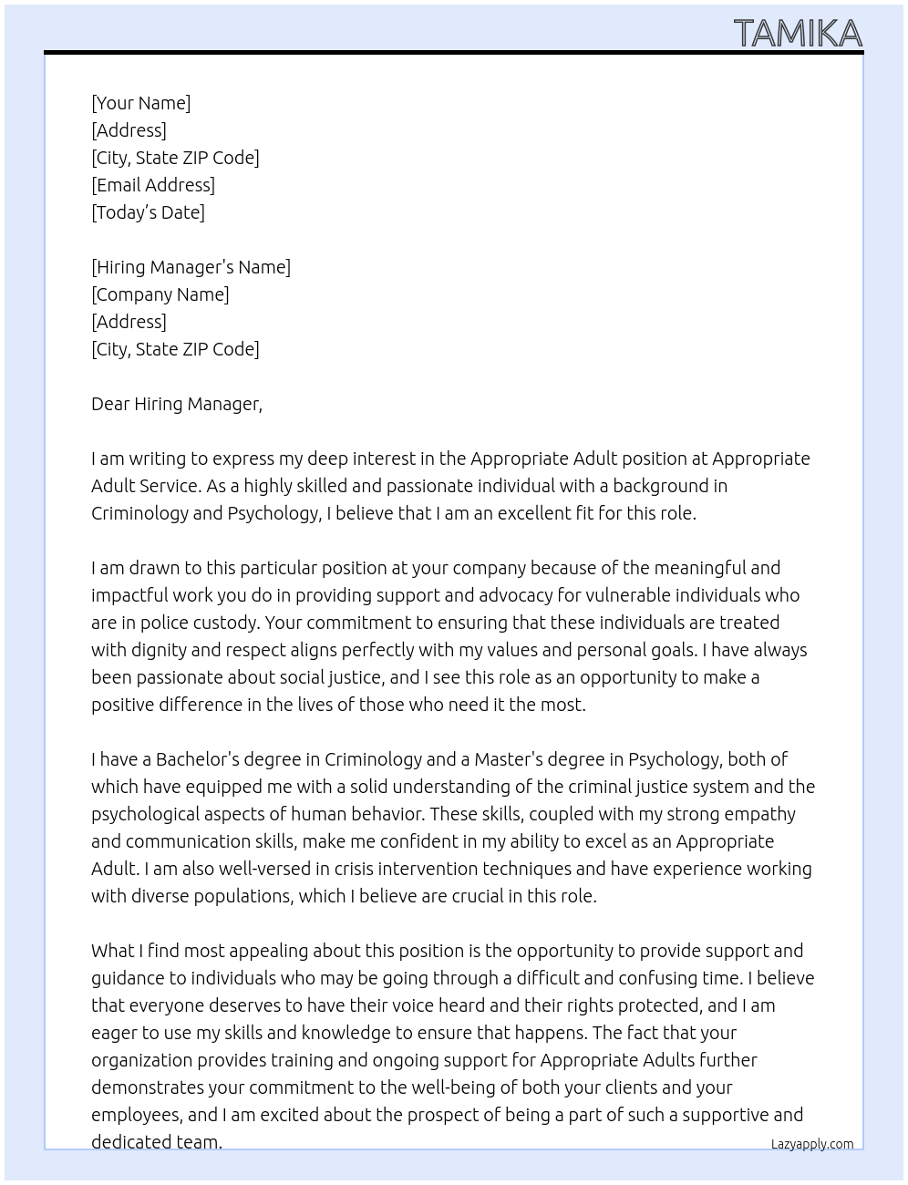 Cover letter for appropriate adult - LazyApply