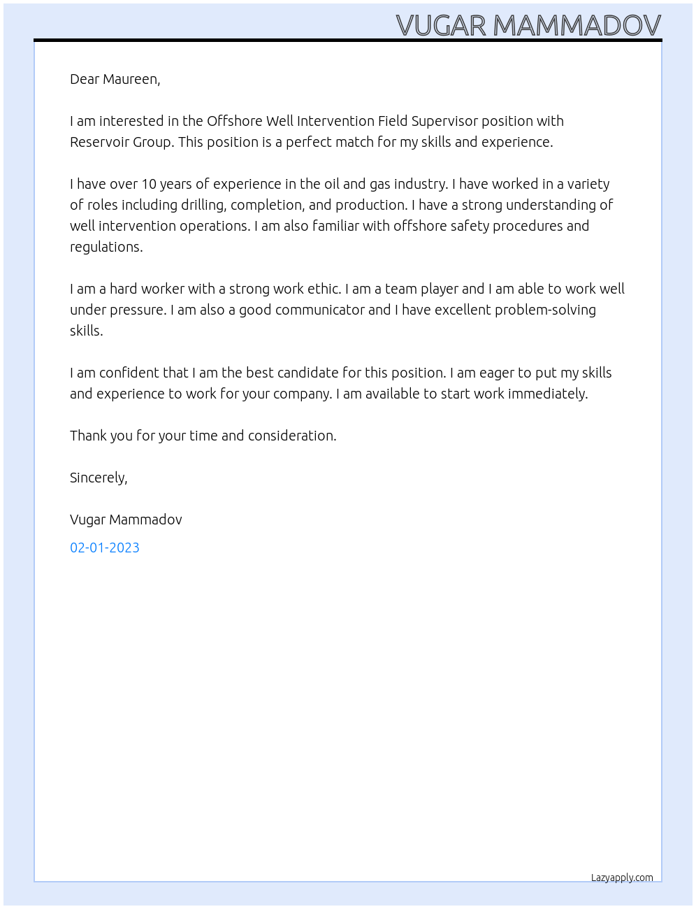 Cover Letter For Reservoir Group LazyApply
