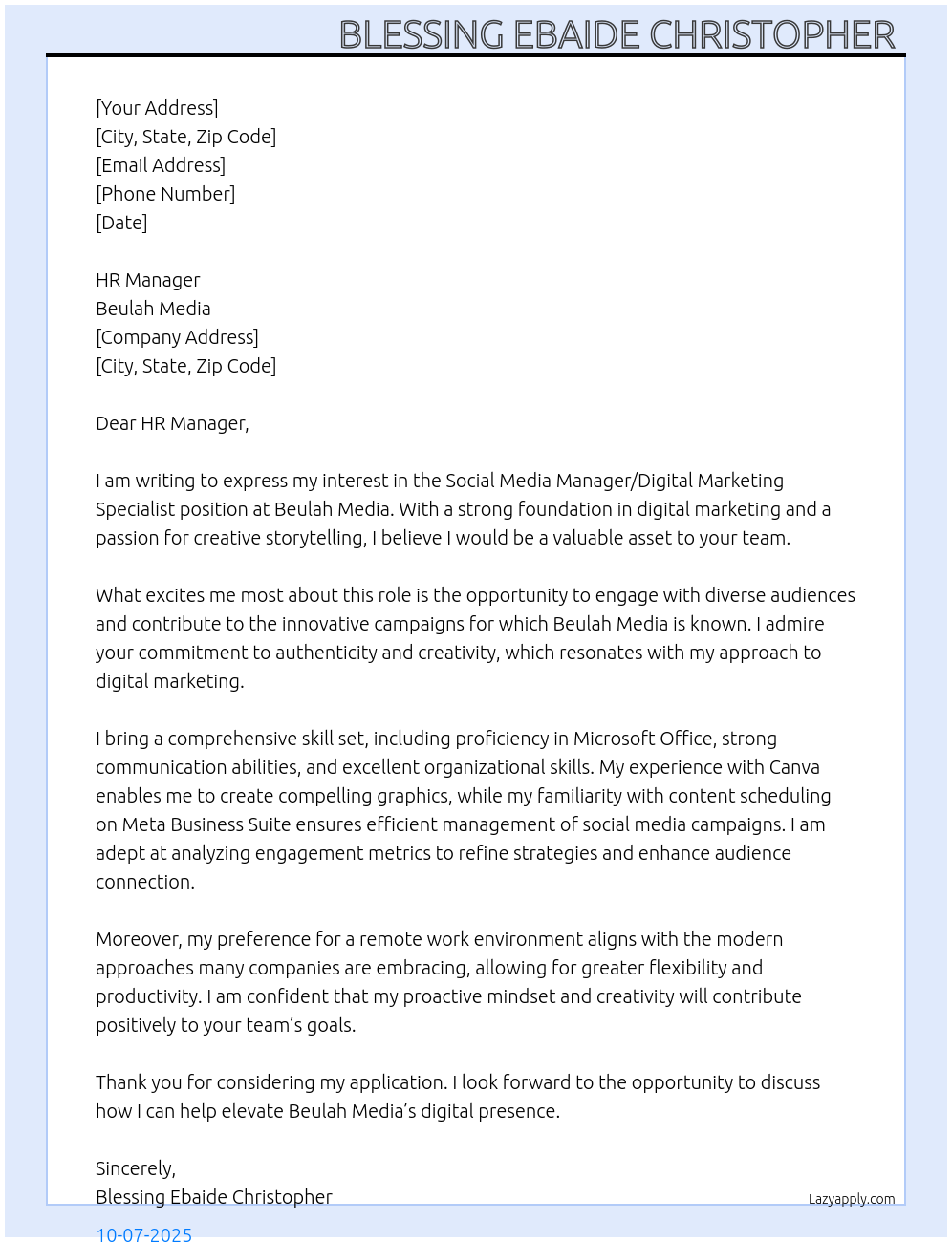 Cover letter for social media manager/ digital marketing specialist ...