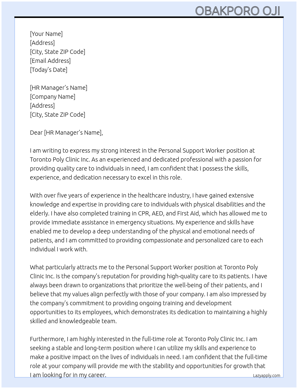 Cover letter for personal support worker - LazyApply
