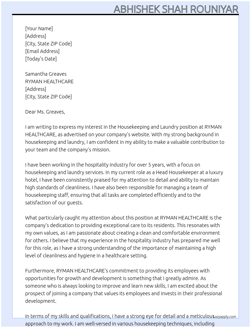 Cover letter for housekeeping and laundry - LazyApply