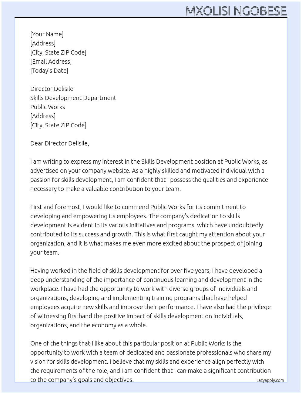 Cover letter for skills development - LazyApply