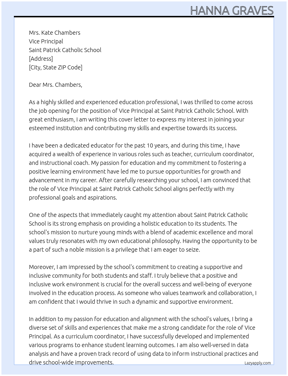 Cover letter for vice principal - LazyApply