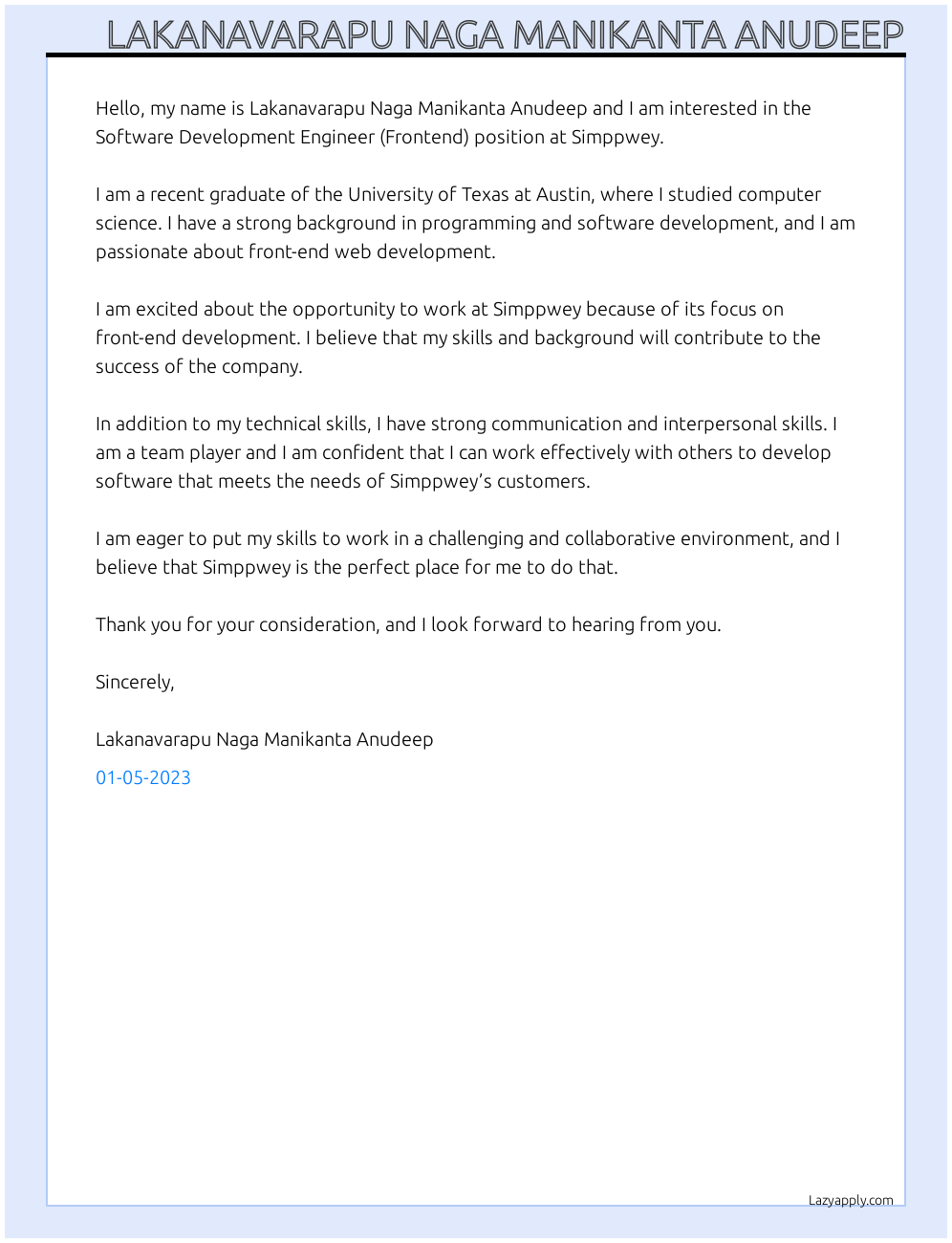 Cover Letter For Simppwey LazyApply