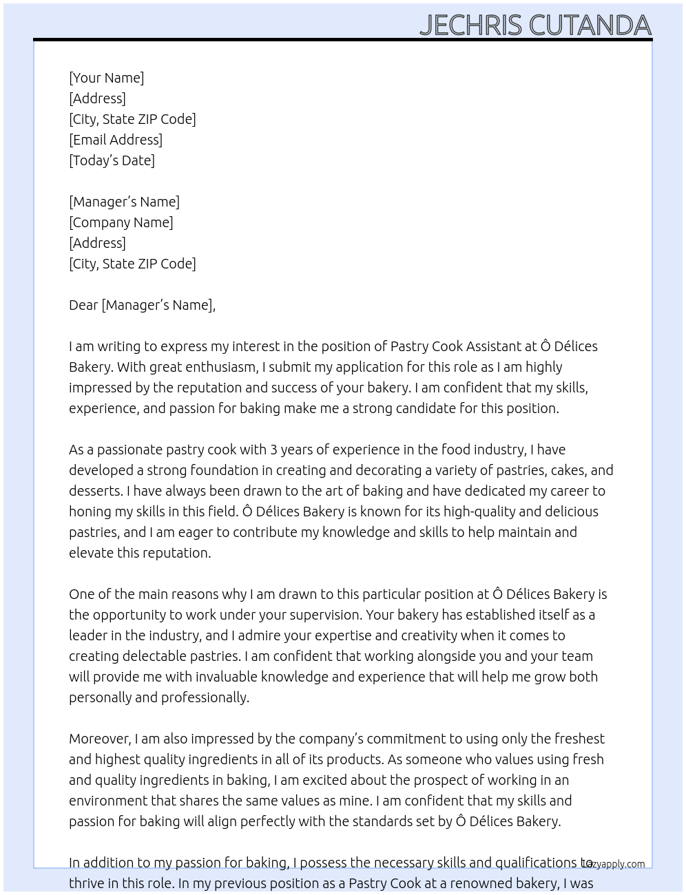 Cover letter for pastry cook assistant - LazyApply