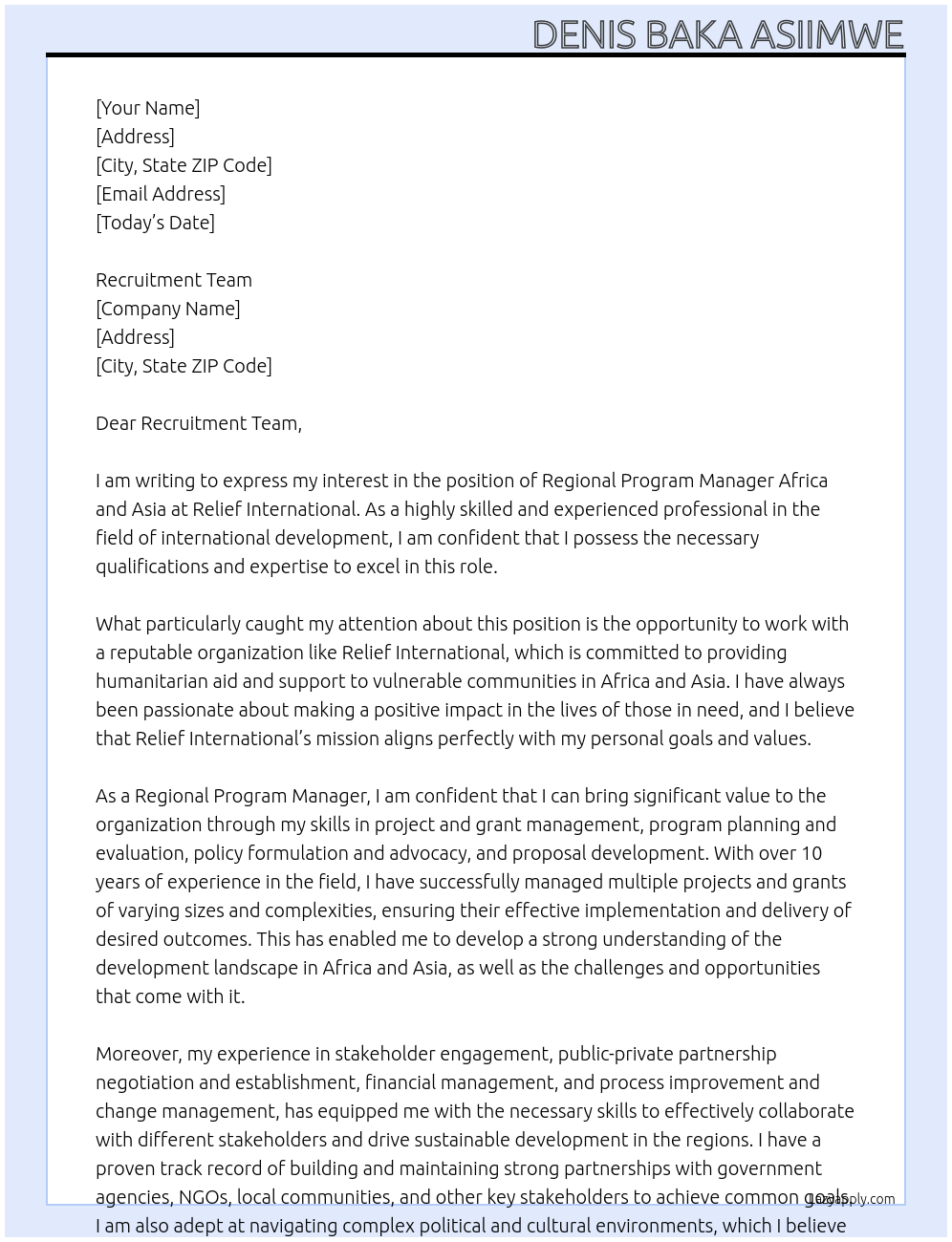 Cover letter for regional program manager africa and asia - LazyApply