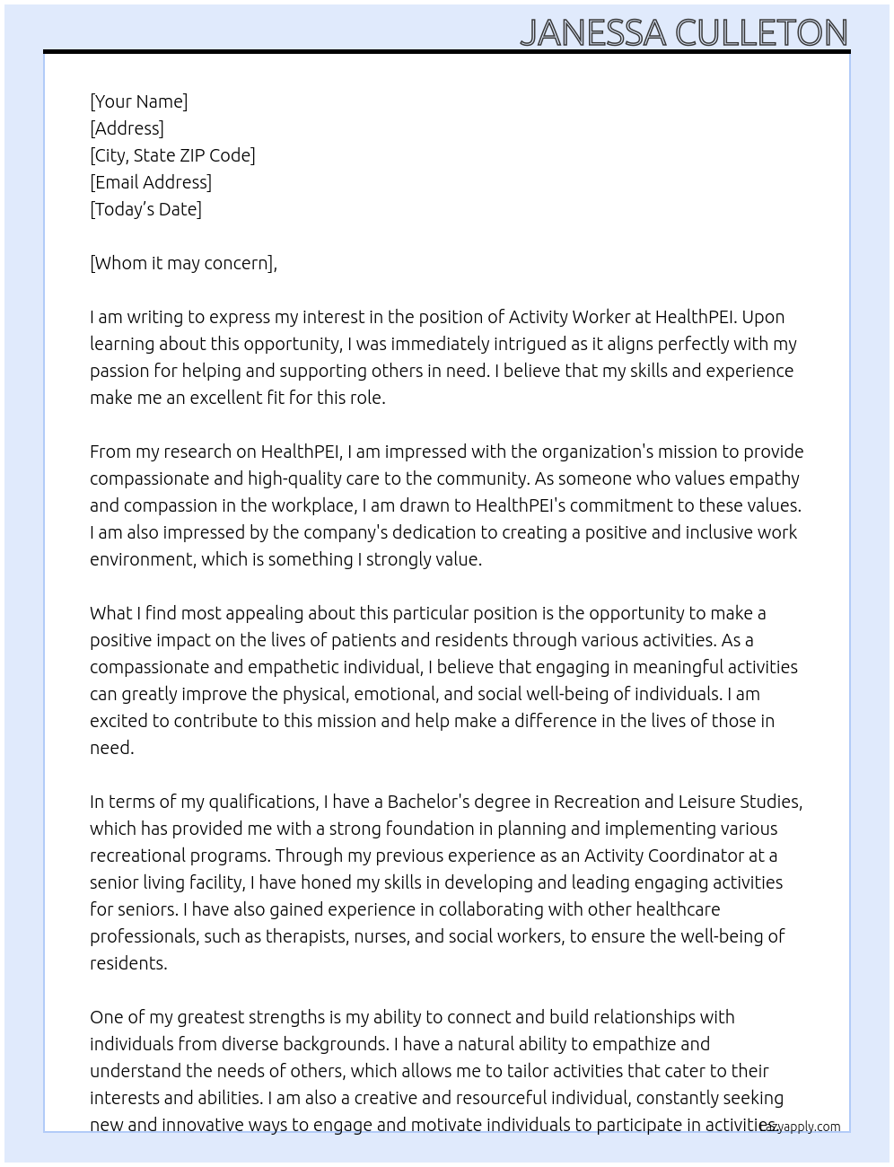 Cover letter for activity worker - LazyApply